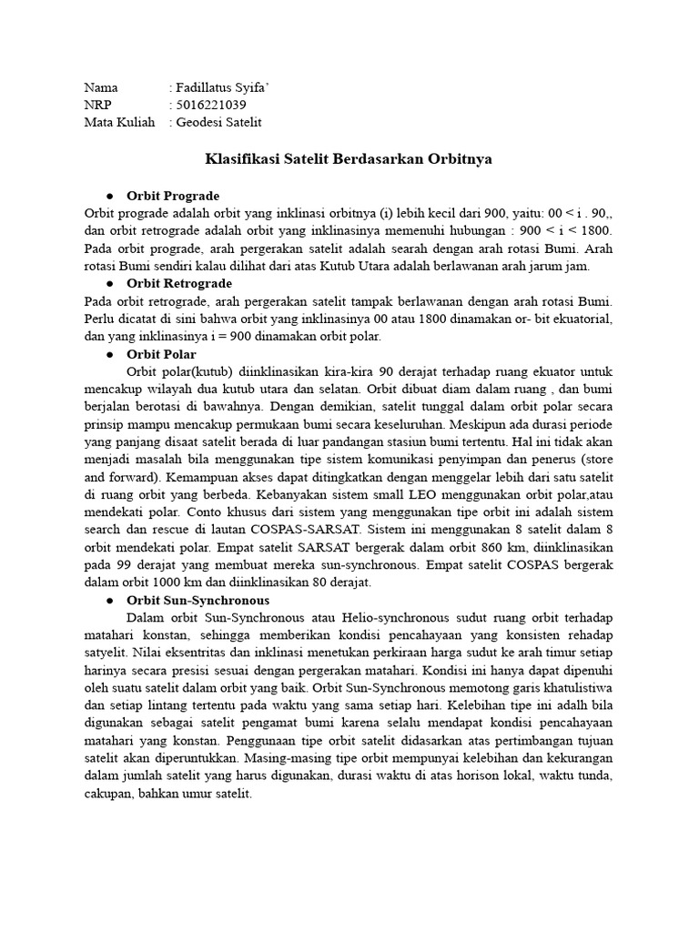 Tugas Klasifikasi Orbit Geodesi Satelit | PDF | Ilmu Sosial | Sains ...
