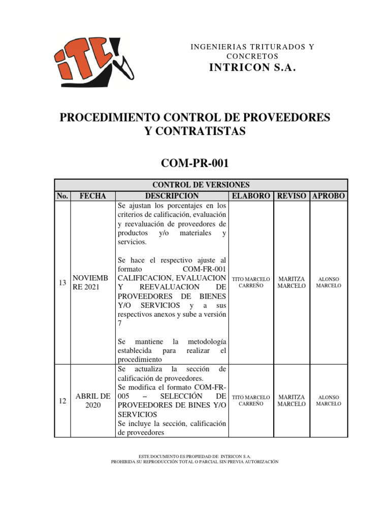 COM-PR-001 Procedimiento de Control de Proveedores y Contratistas V13 | PDF | Calidad (comercial ...