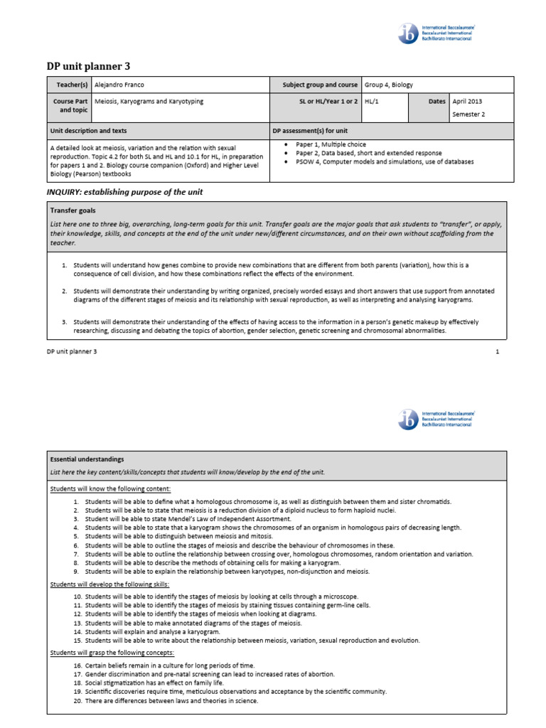 Example of Biology Unit Plan Using Planner 3 | PDF | Meiosis | Karyotype