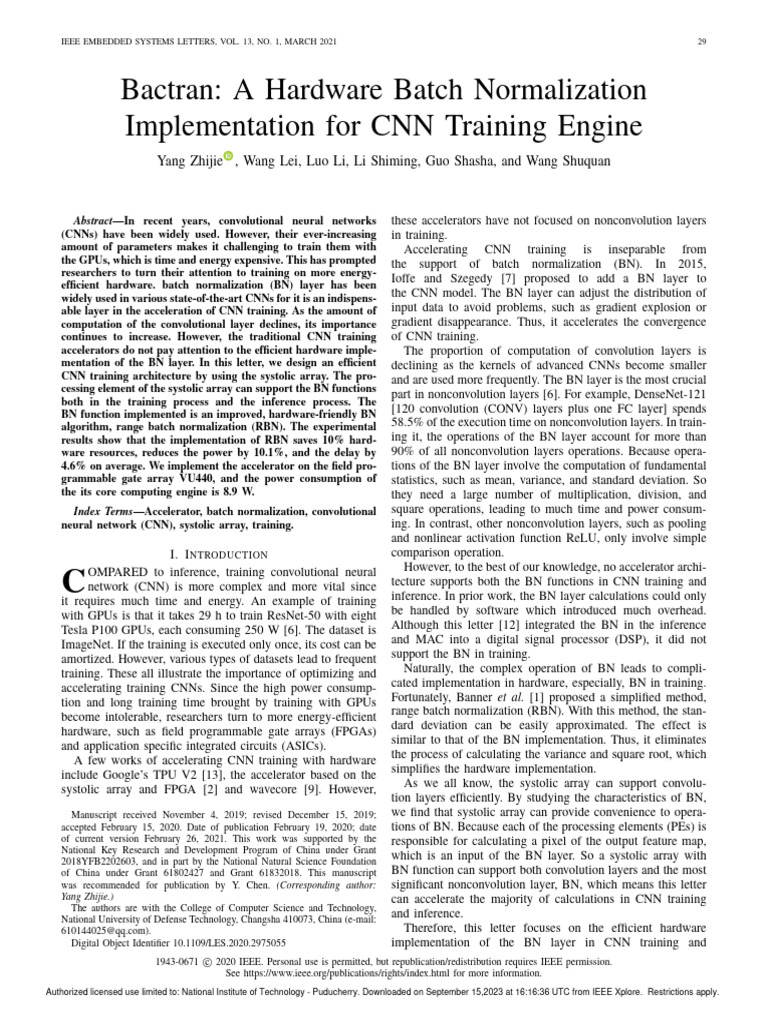 Bactran A Hardware Batch Normalization Implementation For CNN Training ...