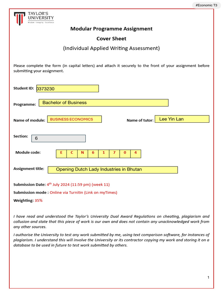Business Economics Assignment Cover Sheet | PDF