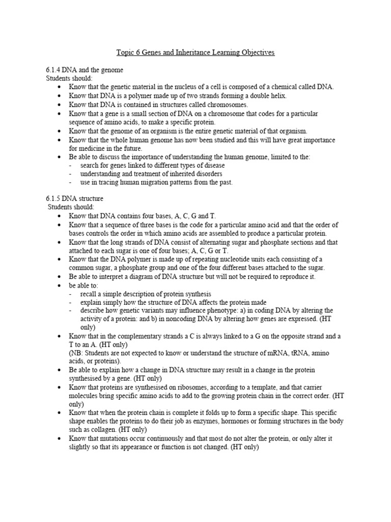 Topic_6_Genes_and_Inheritance_Learning_Objectives (1) | PDF | Dna | Allele