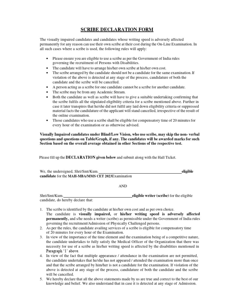 Scribe Declaration MAH-MBAMMS CET 2023 | PDF | Visual Impairment | Justice