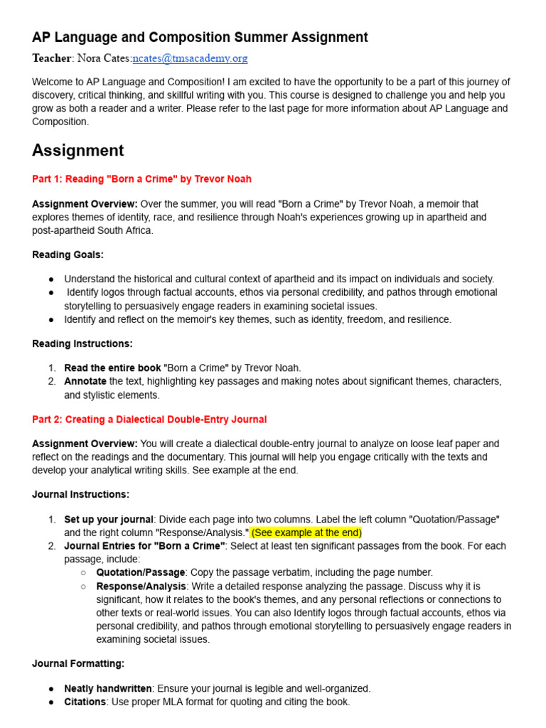 AP Language and Composition Summer Assignment | PDF | Rhetoric | Logos