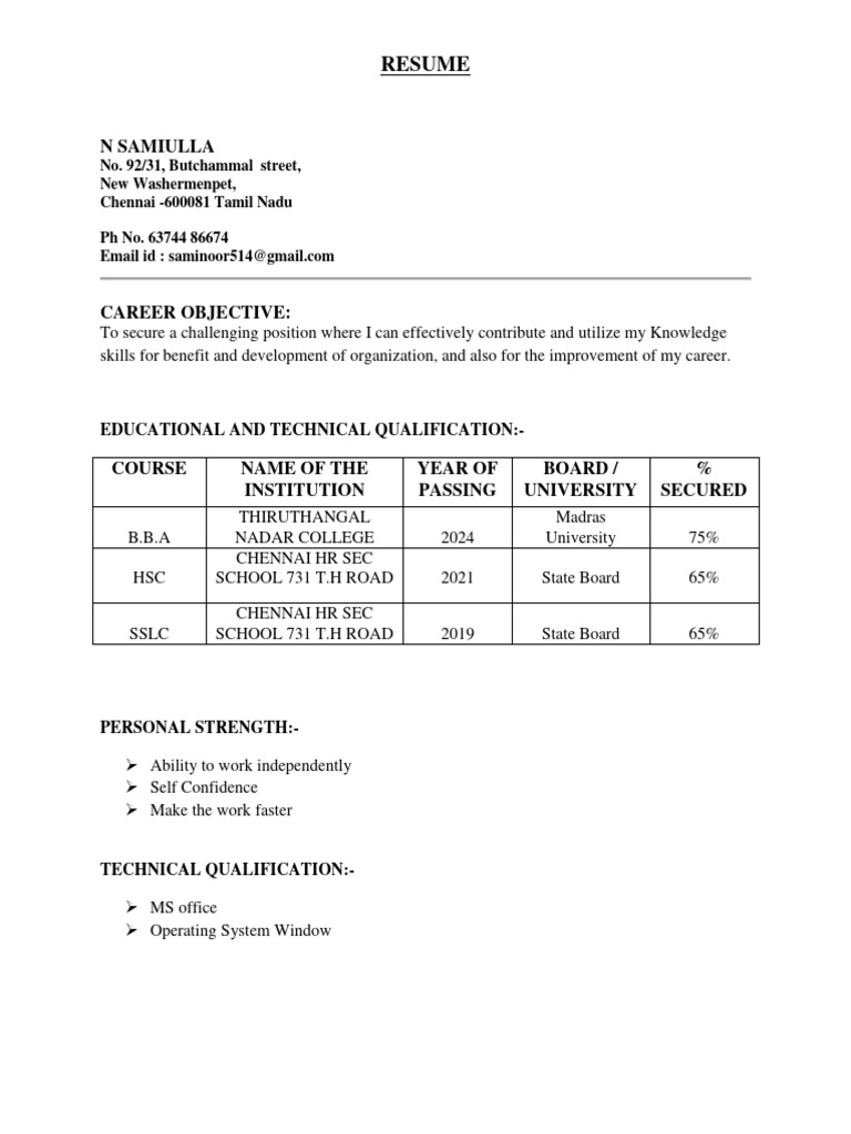 Resume of N Samiulla - BBA Graduate | PDF