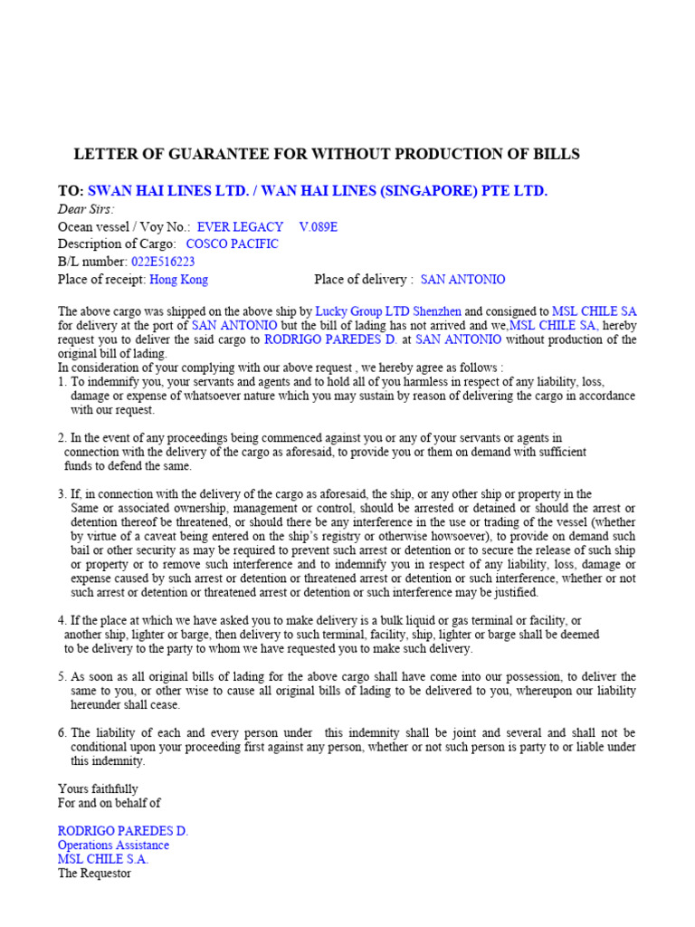 Letter of Guarantee for Cargo Delivery | PDF | Indemnity | Bill Of Lading