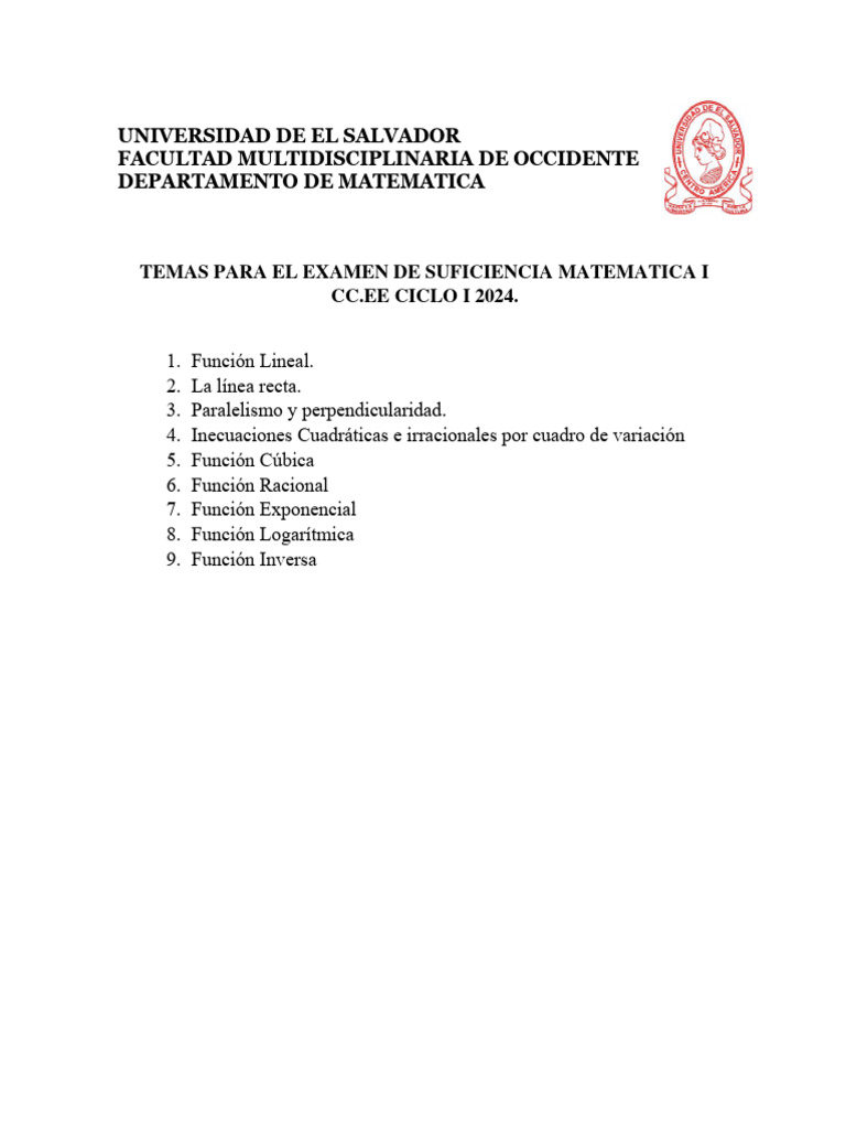 TEMAS PARA EL EXAMEN DE SUFICIENCIA MATEMATICA I CCEE | PDF
