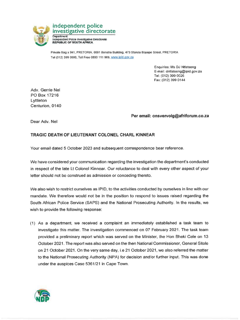 July 2024 Letter - Ipid To Adv. Gerrie Nel - Kinnear Matter | PDF