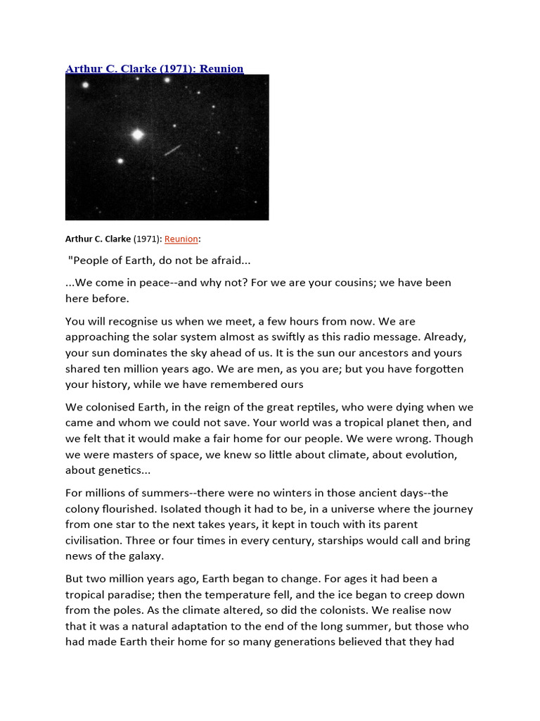 Reunion Arthur C Clarke V Short Story | PDF | Earth | Sun