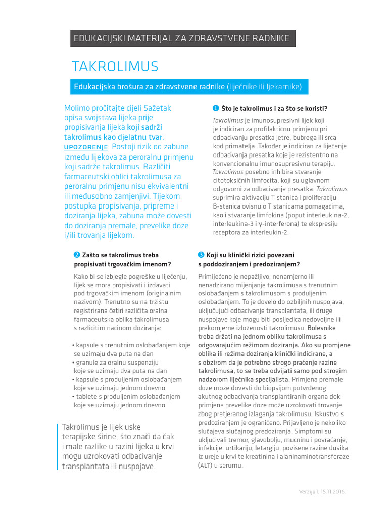 Brosura Za Zdravstvene Radnike Za Lijek Takrolimus Verzija 1 1386 | PDF