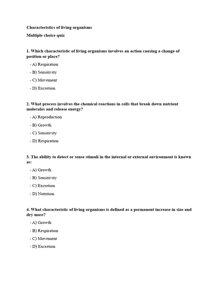 Characteristics of Living Organisms Quiz | PDF | Nutrition | Diet ...
