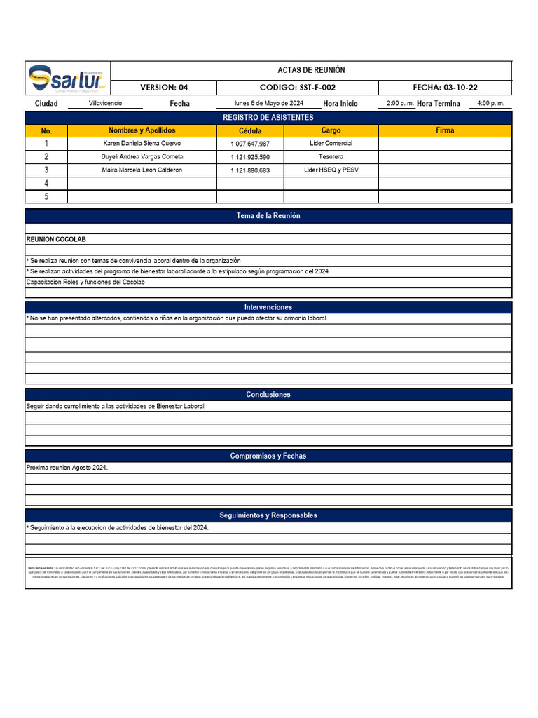 SST-F-002 Actas de Reunión Cocolab | PDF