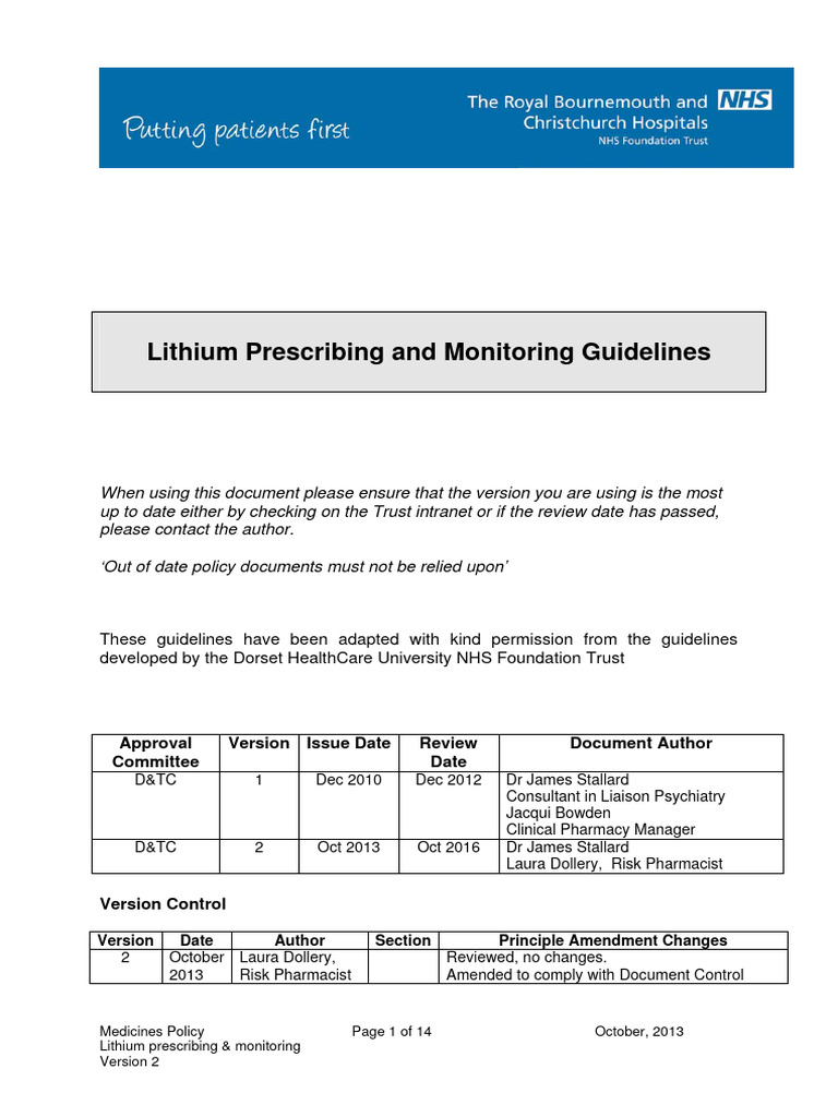 RBCH Lithium Prescribing Guidelines For In-Patients | PDF | Major ...