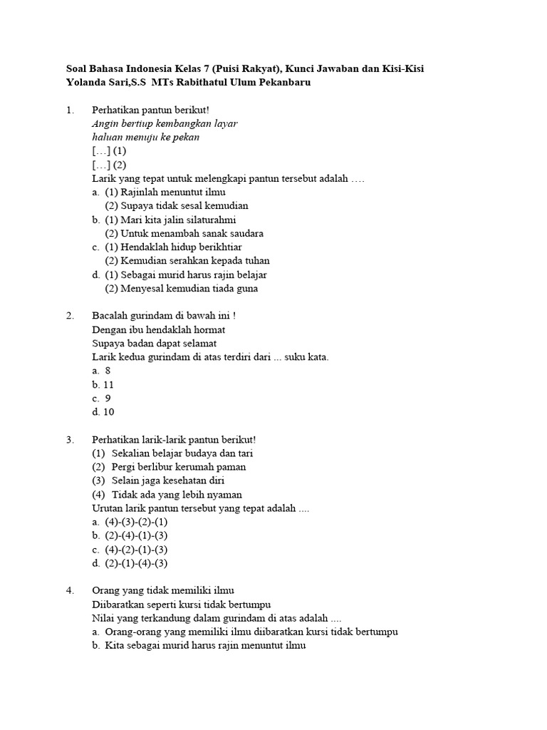 Soal BINDO Kelas 7 (Puisi Rakyat) | PDF | Seni & Disiplin Bahasa