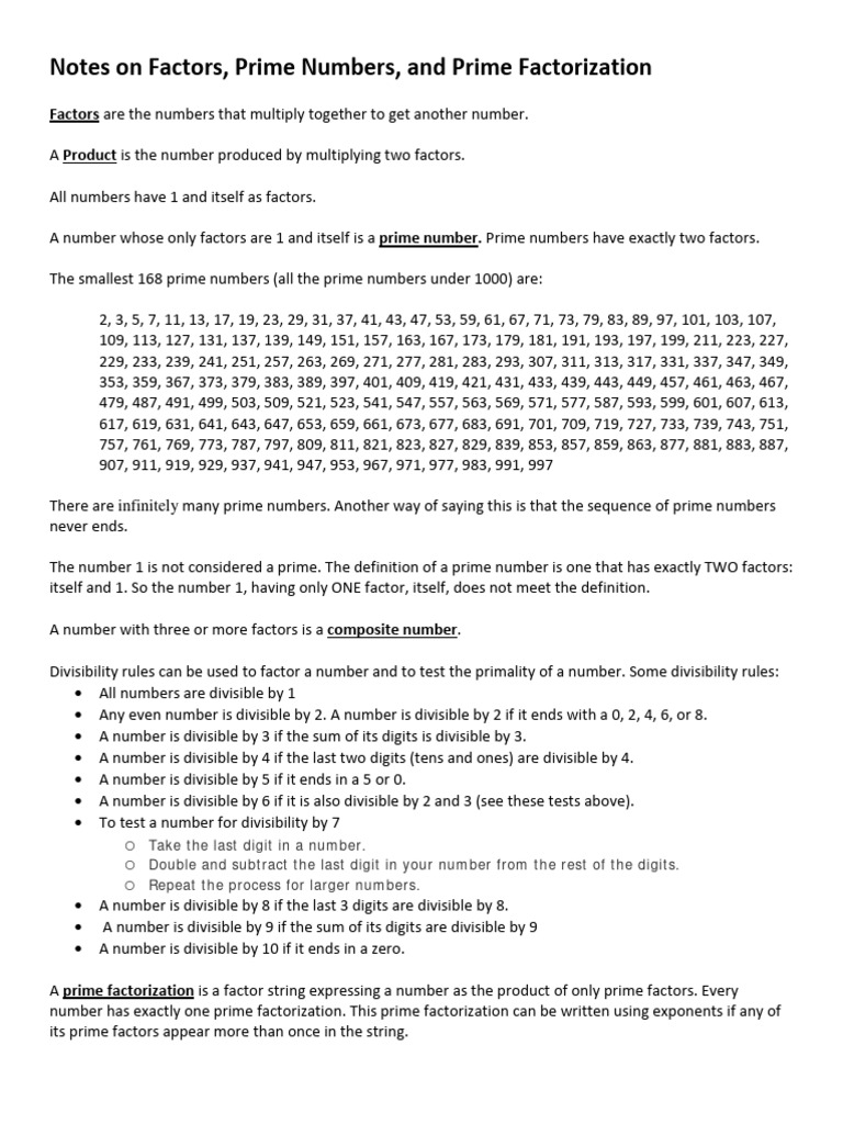 Notes On Prime Numbers and Prime Factorization | PDF | Numbers ...