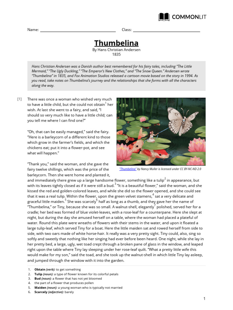 Commonlit Thumbelina Student | PDF | Hans Christian Andersen