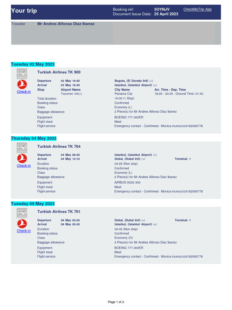 Turkish Airlines Flight Itinerary Details | PDF | Aviation | Civil Aviation