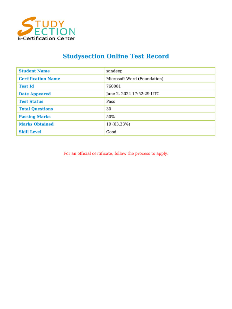 Microsoft Word Test Success | PDF