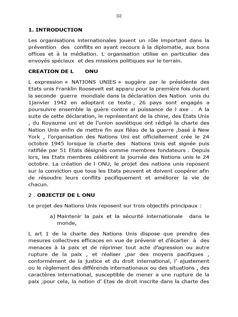 Création et objectifs de l'ONU | PDF | Nations unies | Relations ...