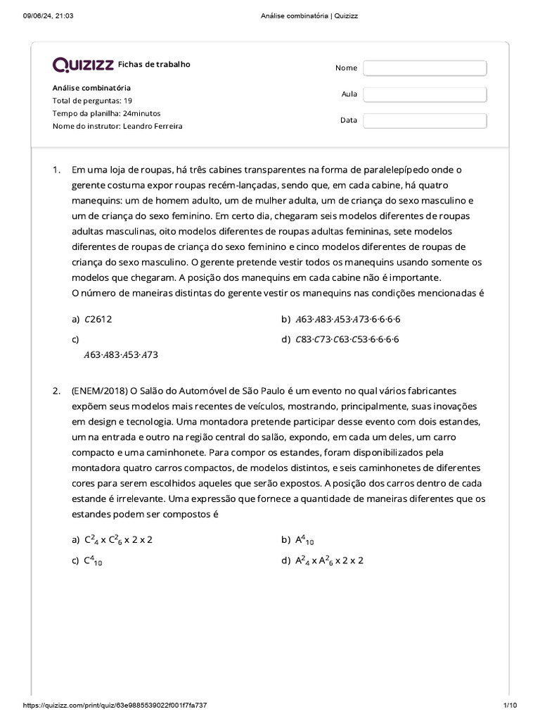 Análise Combinatória - Quizizz | PDF | Carro | Roupas