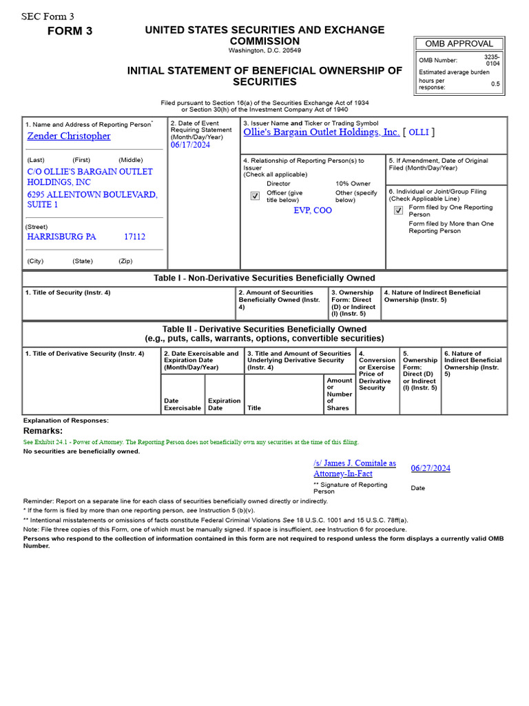 Form 3: Zender Christopher Ollie's Bargain Outlet Holdings, Inc | PDF ...