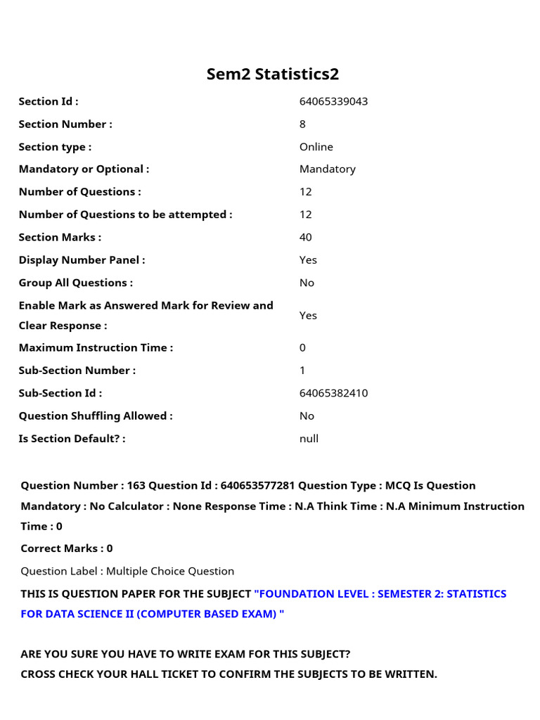 Sem2 Statistics2 | PDF | Multiple Choice | Question