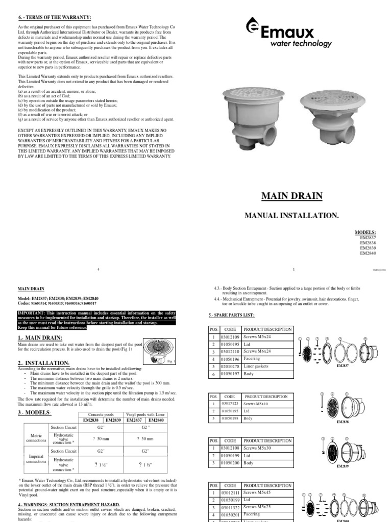 User Manual en Main-Drain EM2837 EM2838 EM2839 EM2840 EMDE22010606 ...