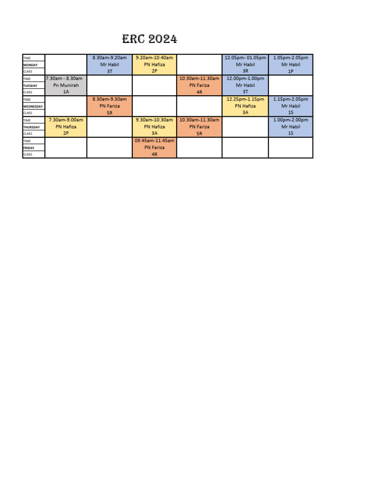 Weekly Class Schedule for ERC 2024 | PDF