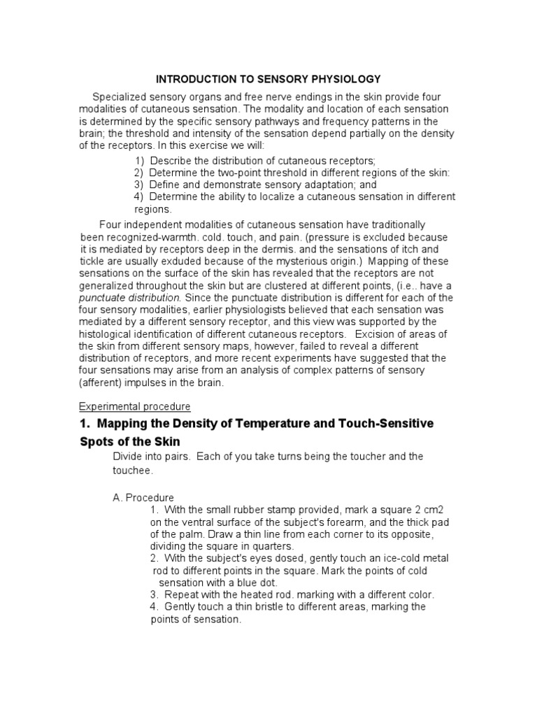 Sensory Physiology Lab: Cutaneous Sensation | PDF | Senses | Stimulus ...