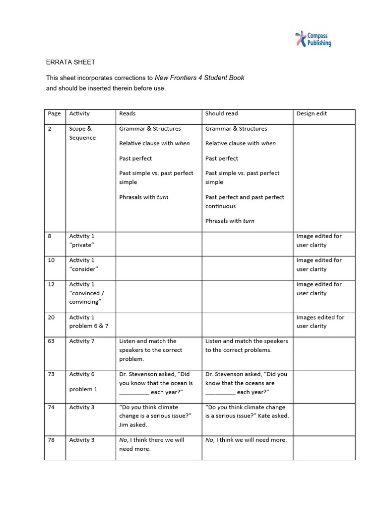 New Frontiers 4 Student Book Errata | PDF | Grammar | Human Communication