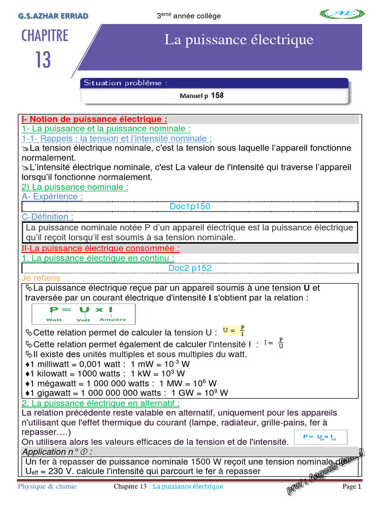 CH13 La Puissance Lectrique 3AC | PDF | Puissance (physique) | Watt