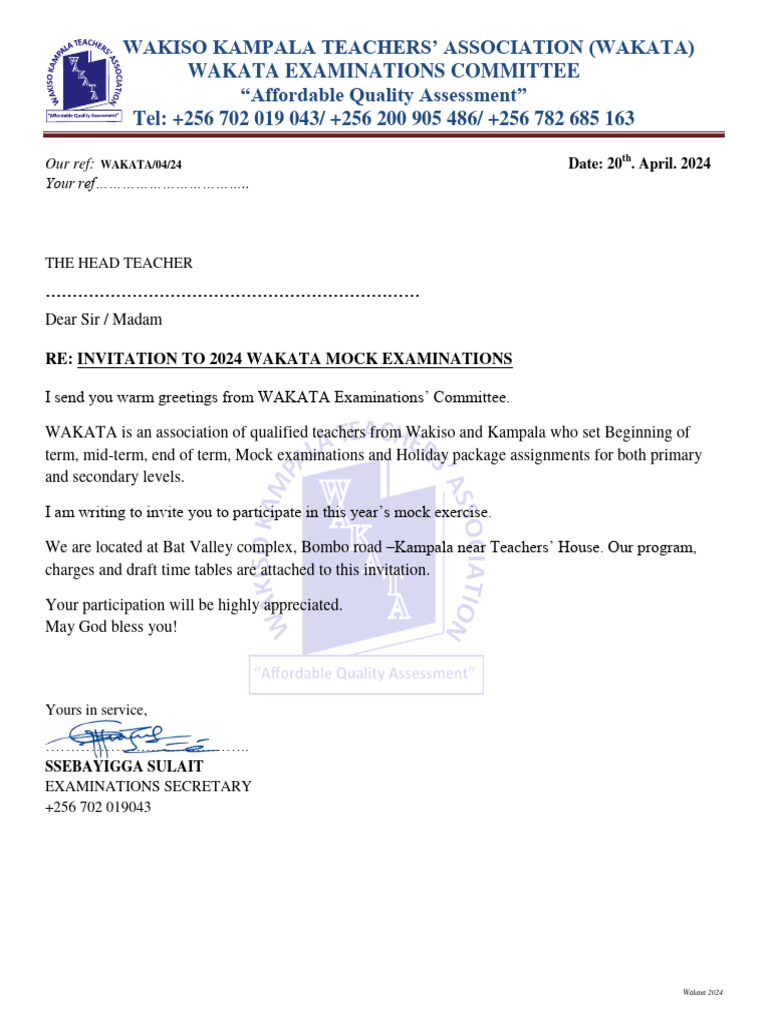 Wakata Entry Forms 2024 and Mock Time Tables | PDF