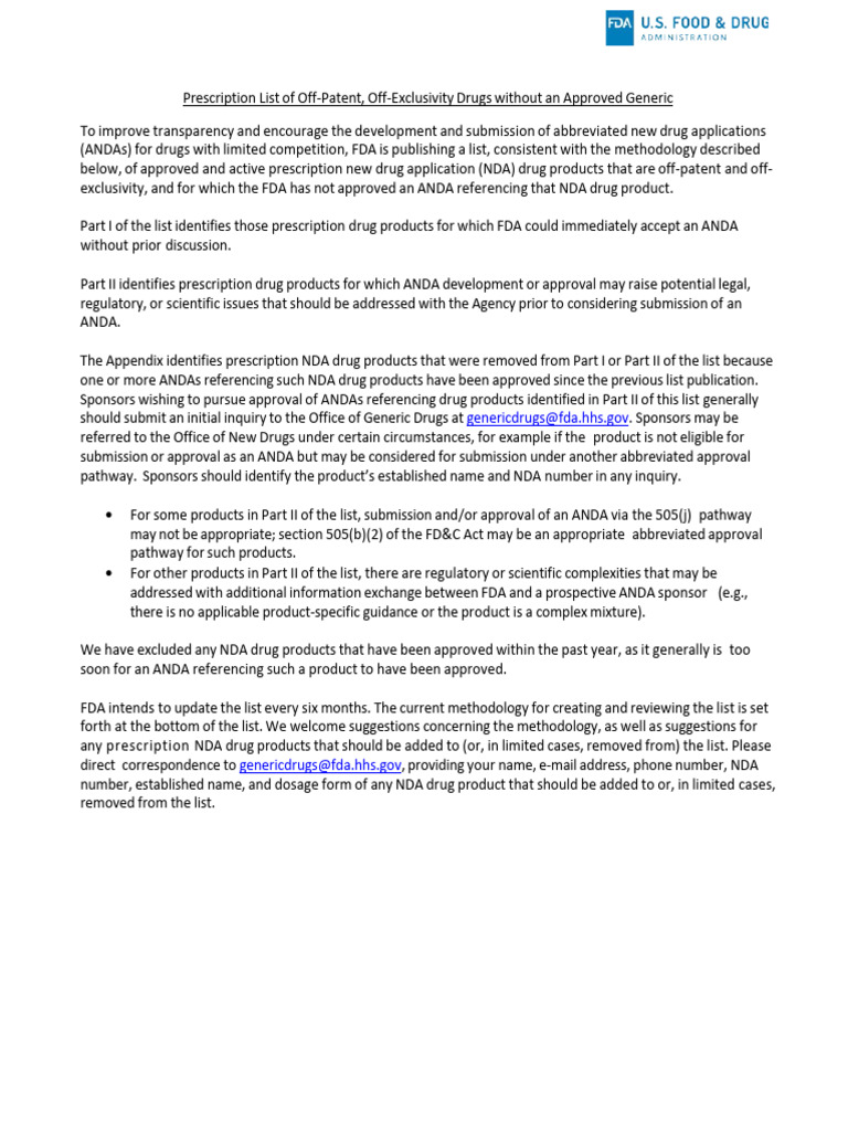 FDA List of Off Patent Off Exclusivity-June 2024 | PDF | Food And Drug ...