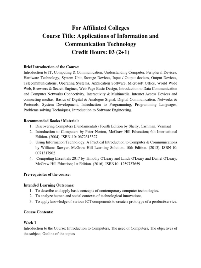 Applications of ICT Course Outline For Affiliated Colleges | PDF ...