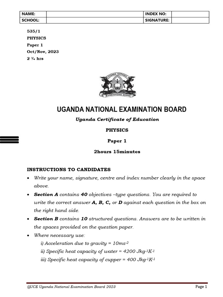 Uce 2023 Physics Paper 1 Uganda National Examination Board | PDF ...