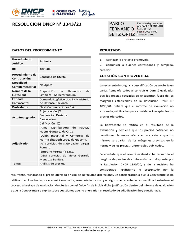 res_DNCP_1343_23 | PDF | Regulación | Gobierno