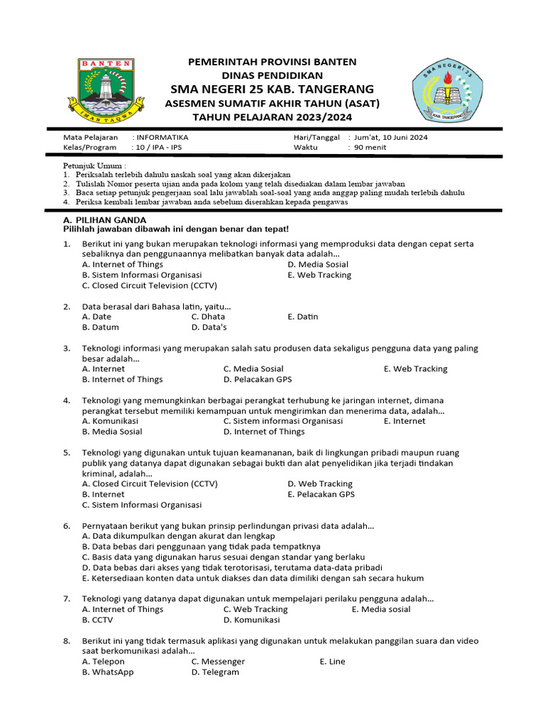 Soal ASAT Informatika Kls 10 Thn 2024 | PDF