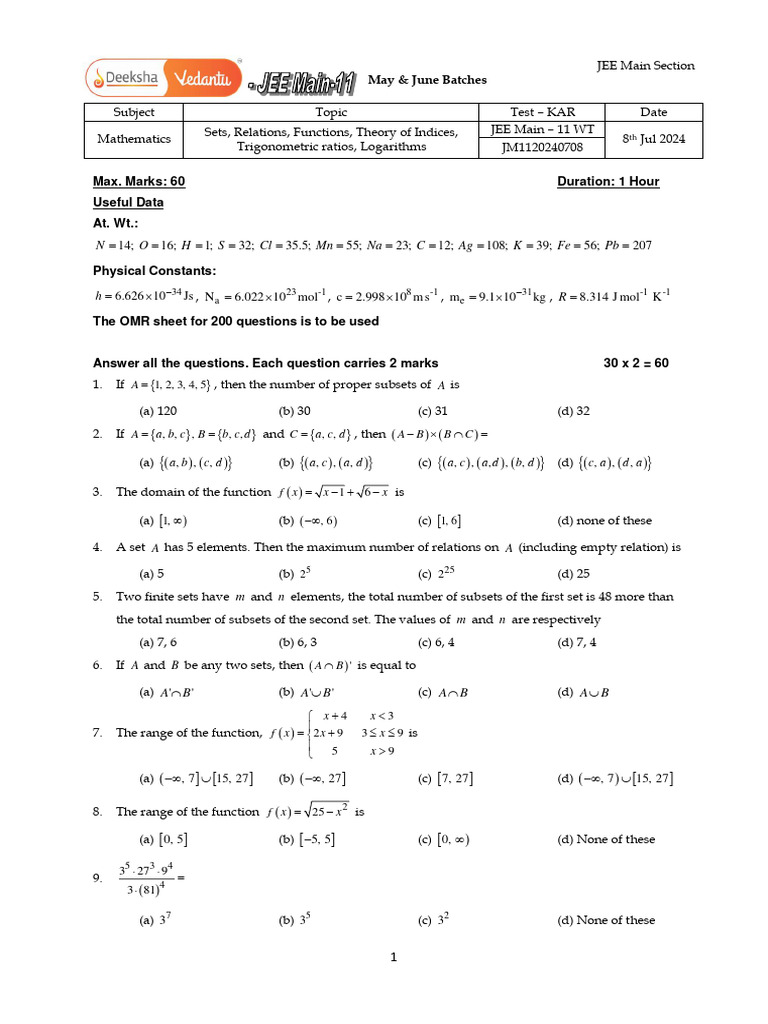 01-JMN11 SRF,TOI,TR,L - 08-07-2024 - M2 | PDF | Set (Mathematics) | Function (Mathematics)