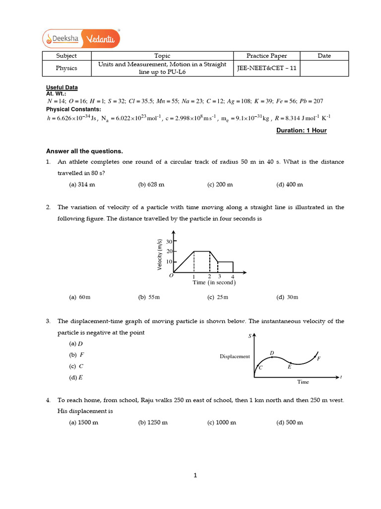 01-C11PP Physics - 00-00-2024 - M1 | PDF | Speed | Velocity