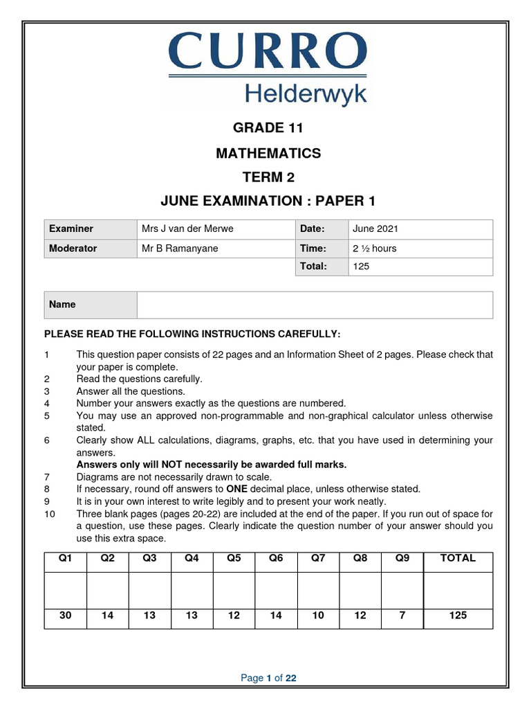 2021 GR 11 June Exam Paper 1 - Question Paper | PDF | Mathematical ...