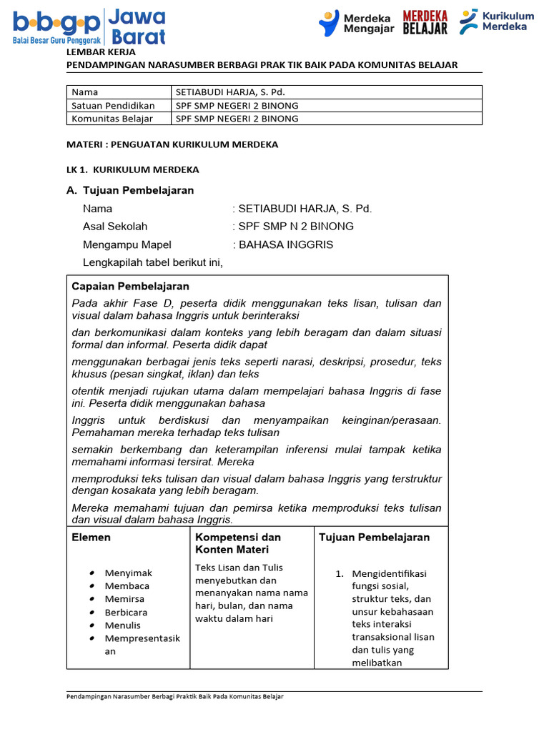 LK 1. Kurikulum Merdeka SBH | PDF