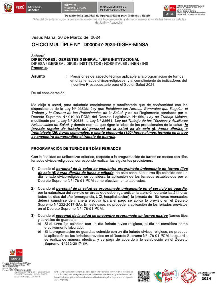 OF MULTIPLE 047-2024-DIGEP - Turnos en Feriados y El BONO IP | PDF
