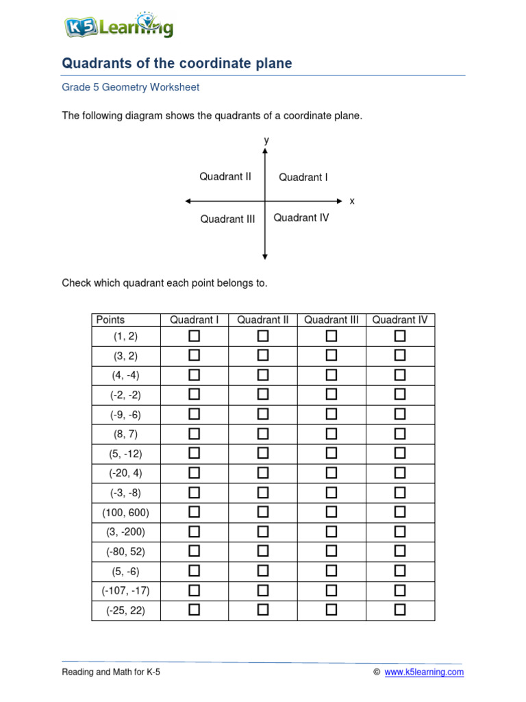 Grade 5 Geometry Quadrants Coordinate Plane A | PDF | Cartesian ...