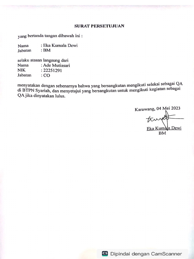 Surat Persetujuan PUK | PDF