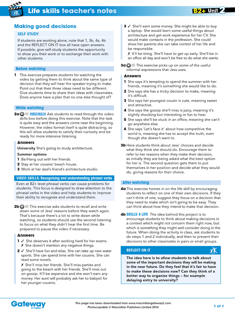 B2+ UNIT 2 Life skills video teacher's notes | PDF | Behavior ...