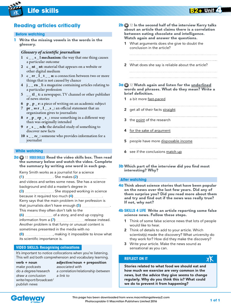 B2+ UNIT 4 Life Skills Video Worksheet | Download Free PDF | Science | News