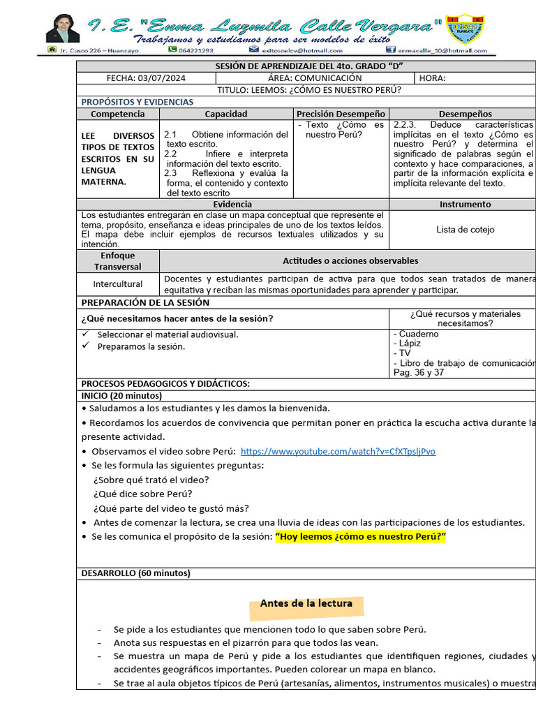 Sesión Leemos ¿Cómo Es Nuestro Perú' | PDF | Aprendizaje | Enseñando
