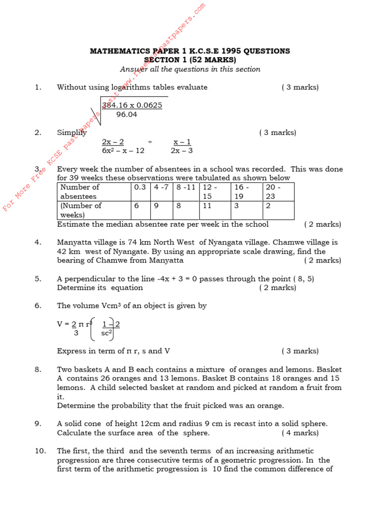 Kcse 1995 Mathematics Paper 1 | Download Free PDF | Mathematics