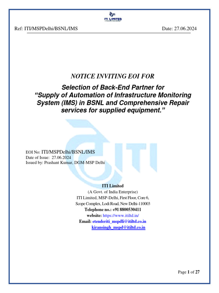 EOI for BSNL IMS Automation Partner | PDF | Employment | Request For ...