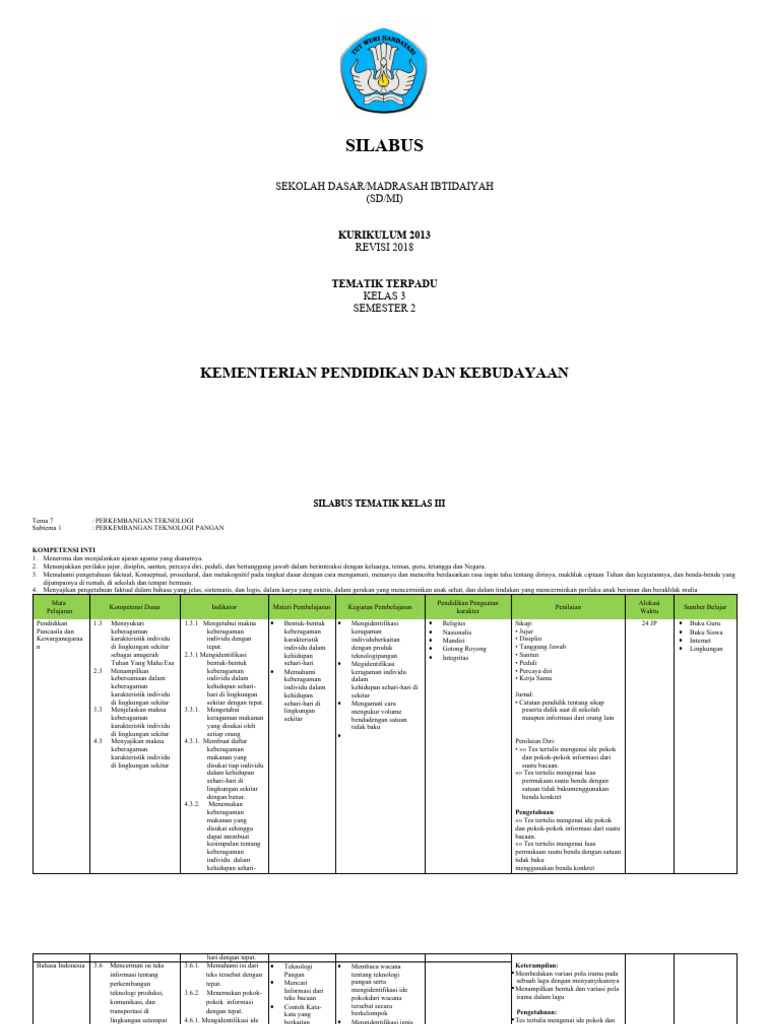 Silabus Tema 7 Kelas III Revisi 2018 | PDF